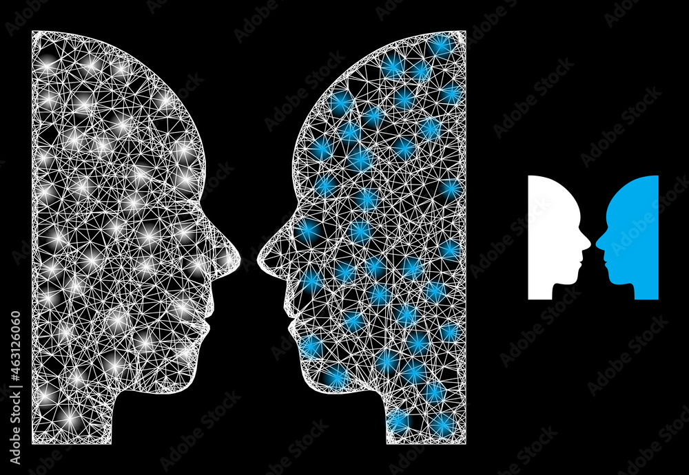 Bright mesh vector dual faces with glow effect. White mesh, glare spots ...