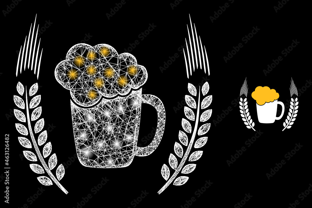 Bright mesh vector beer mug logo with glow effect. White mesh, glare ...