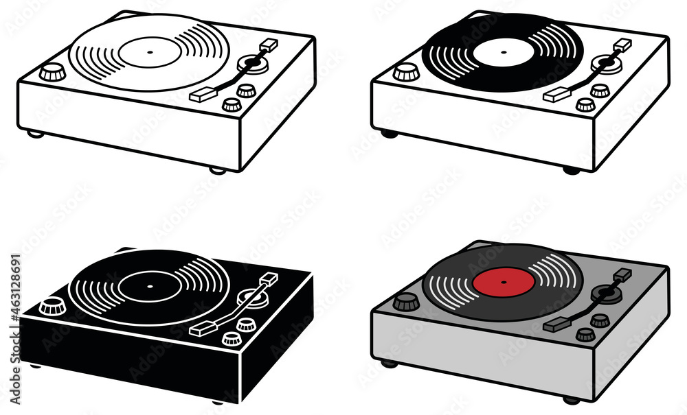 Record Player in Perspective Clipart Set - Outline, Silhouette and ...