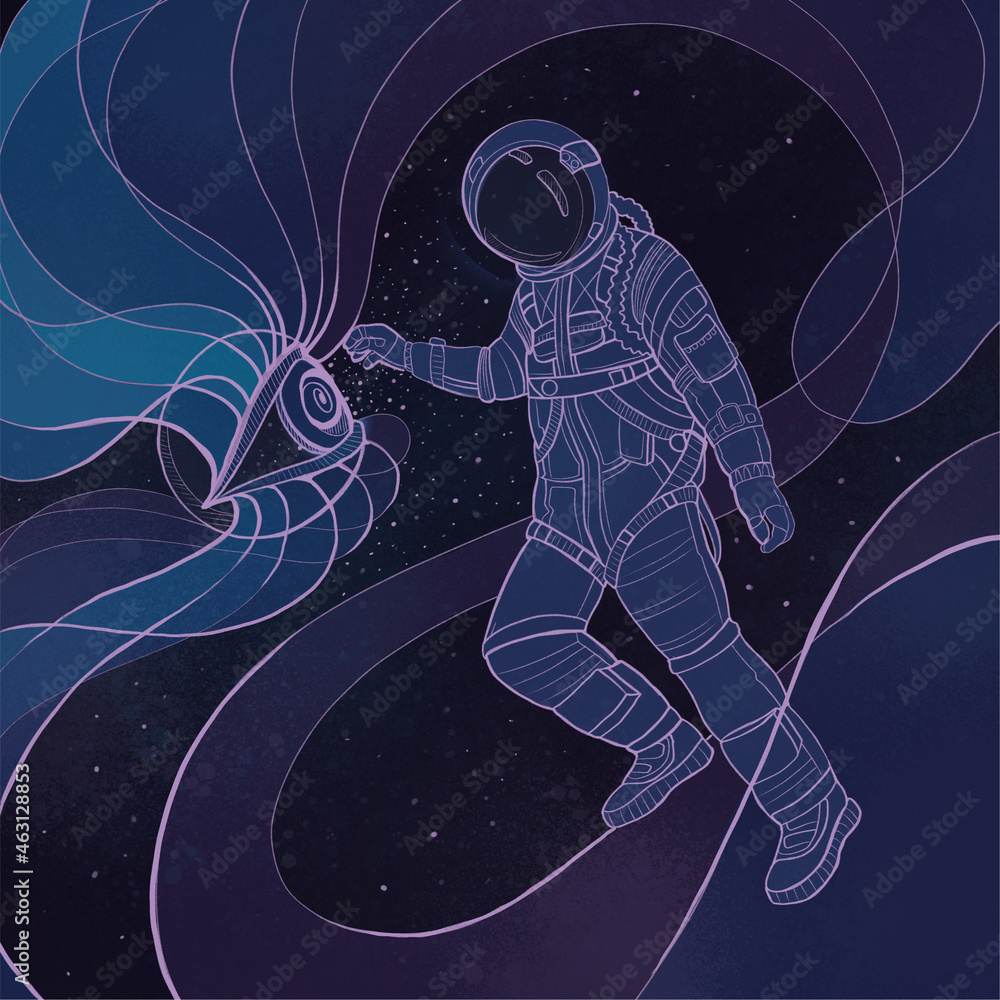 astronaut in outer space met an alien mind ufo Stock Illustration ...