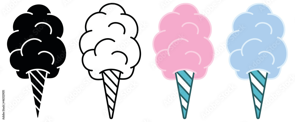 Cotton Candy Clipart Set - Outline, Silhouette, Colored Stock Vector ...