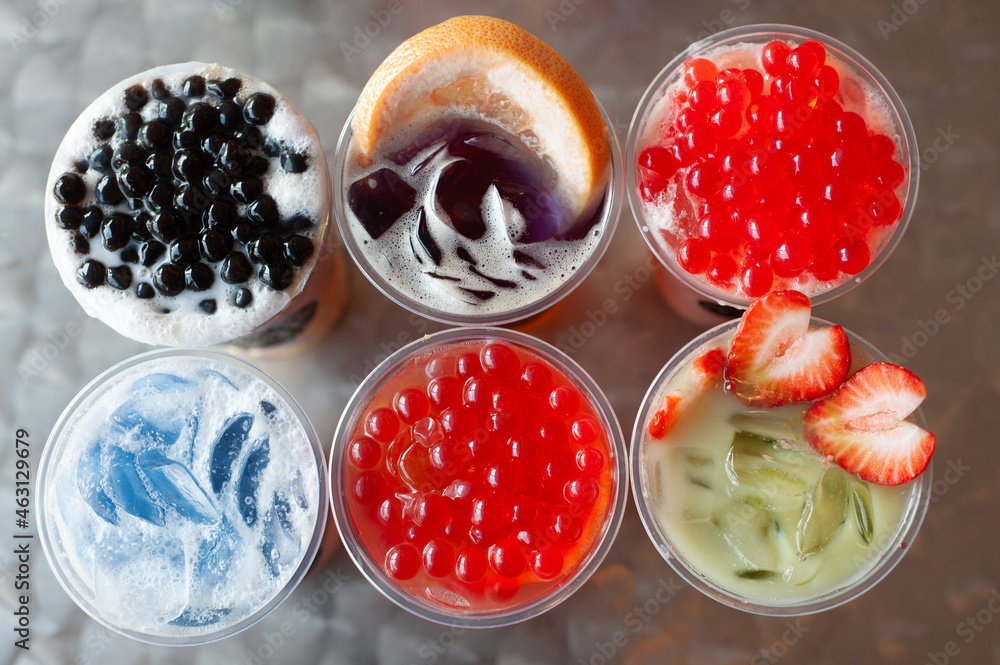 overhead shot of boba drinks Stock Photo | Adobe Stock