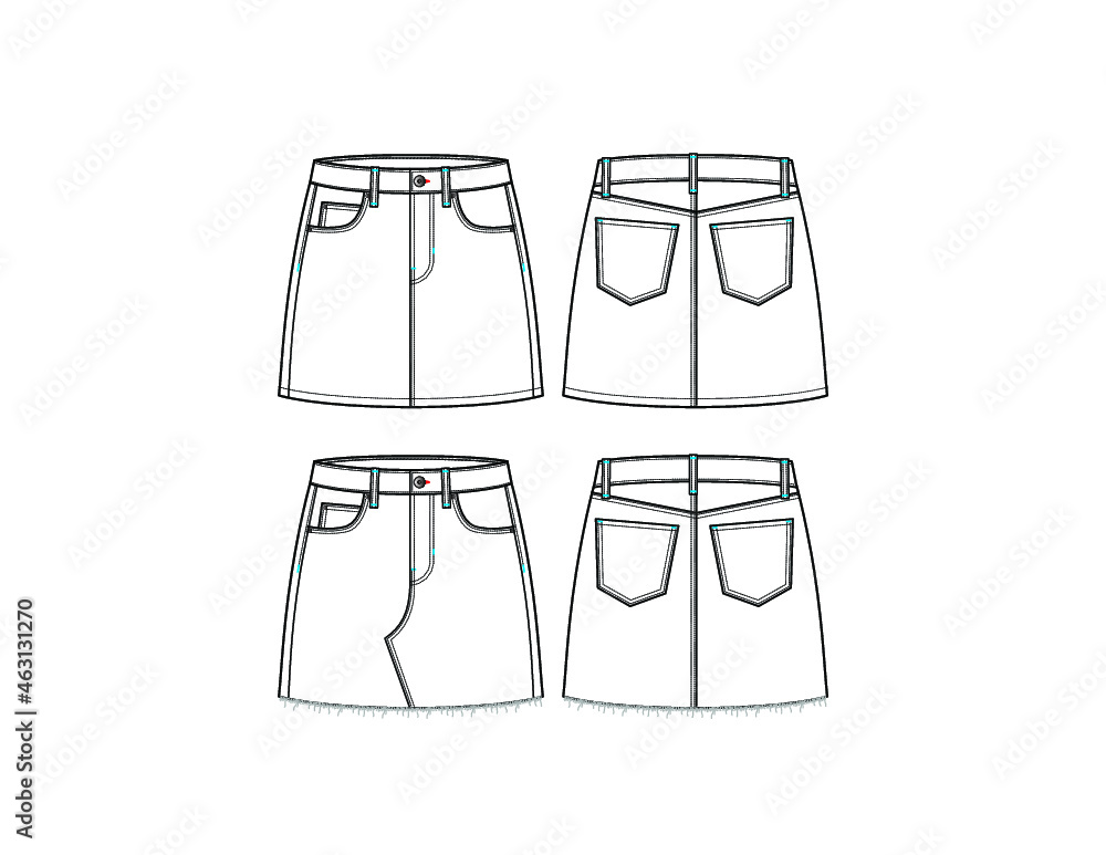 Denim skirt technical flat sketch vector fashion CAD Stock Vector ...