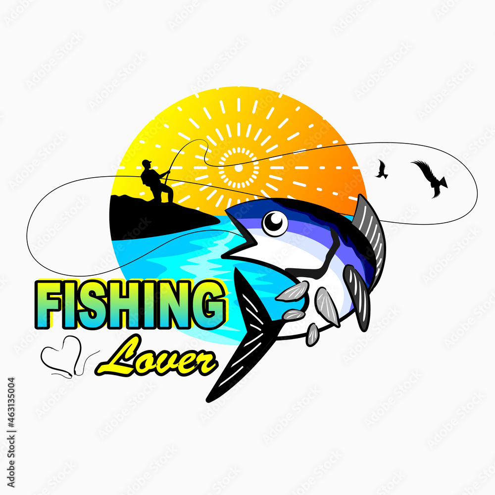 fishing logo. albacore tuna, fishing people and scenery in circle ...