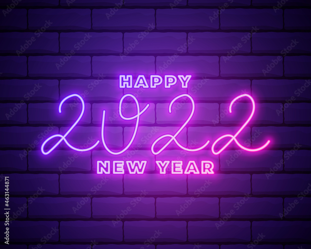 2022 neon signboard. Happy New Year. Realistic pink neon numbers on ...