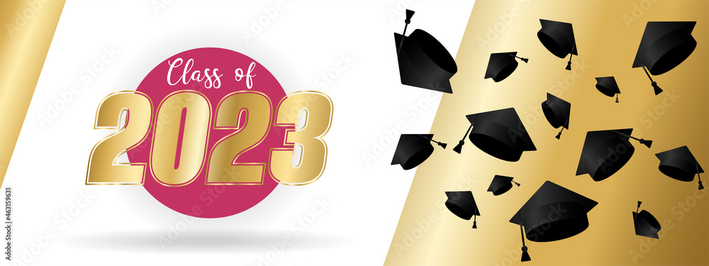 Class of 2023. Gold number on pink round sticker, 3d black education ...