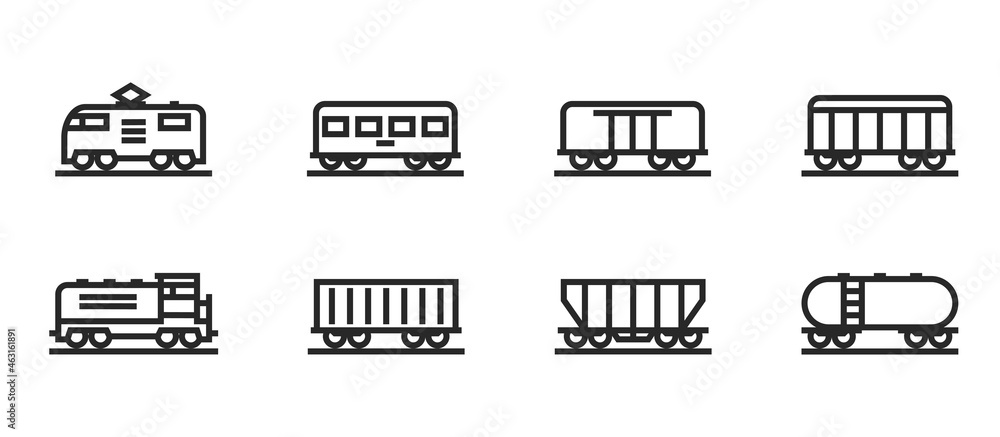 locomotive and wagon icon set. train and railway freight cars symbols ...