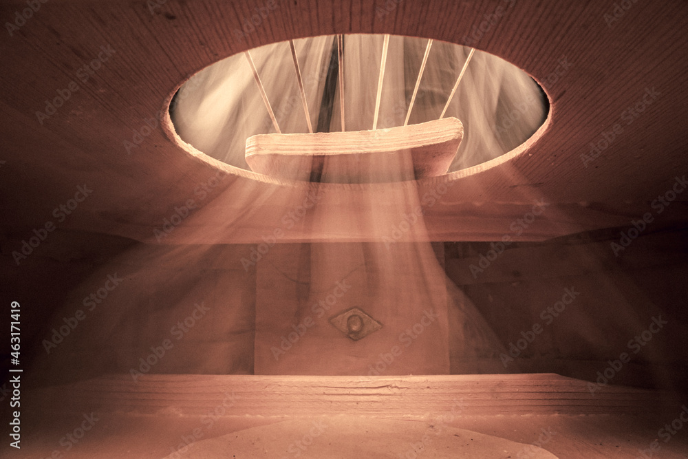 Guitar from inside with strings. Interior of acoustic guitar. Stock ...