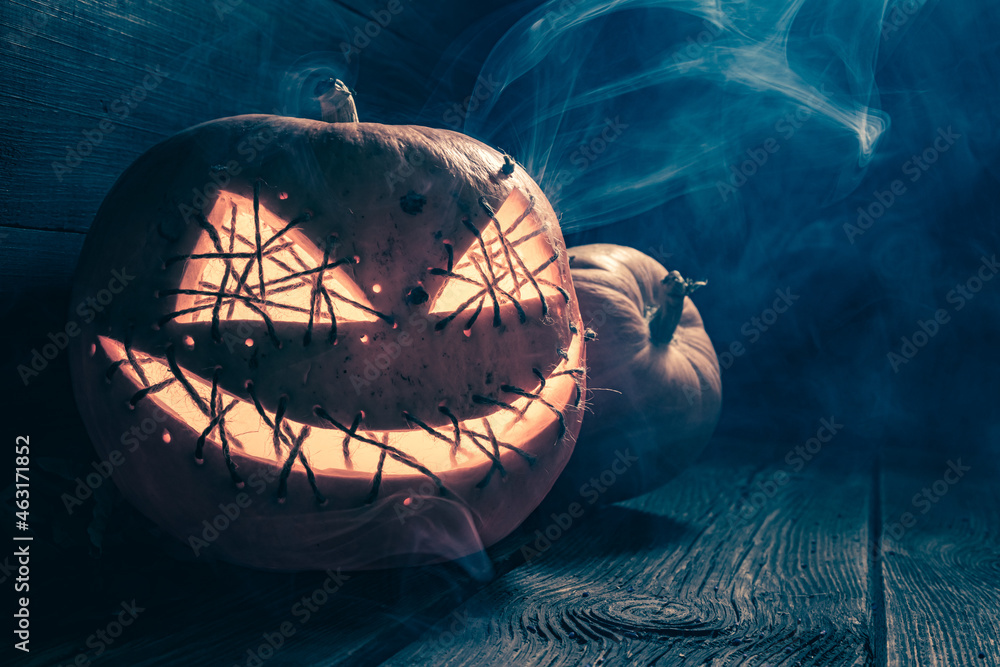 Scary and mysterious Jack-o-lantern as darkness scene. Stock Photo ...