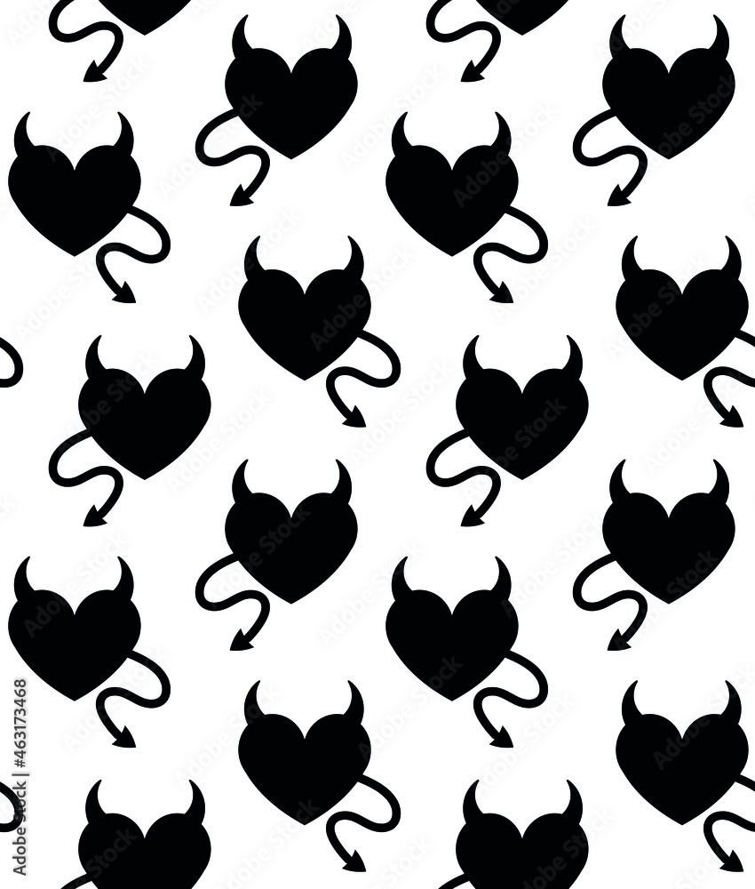Vector seamless pattern of flat heart with devil horns and tail ...