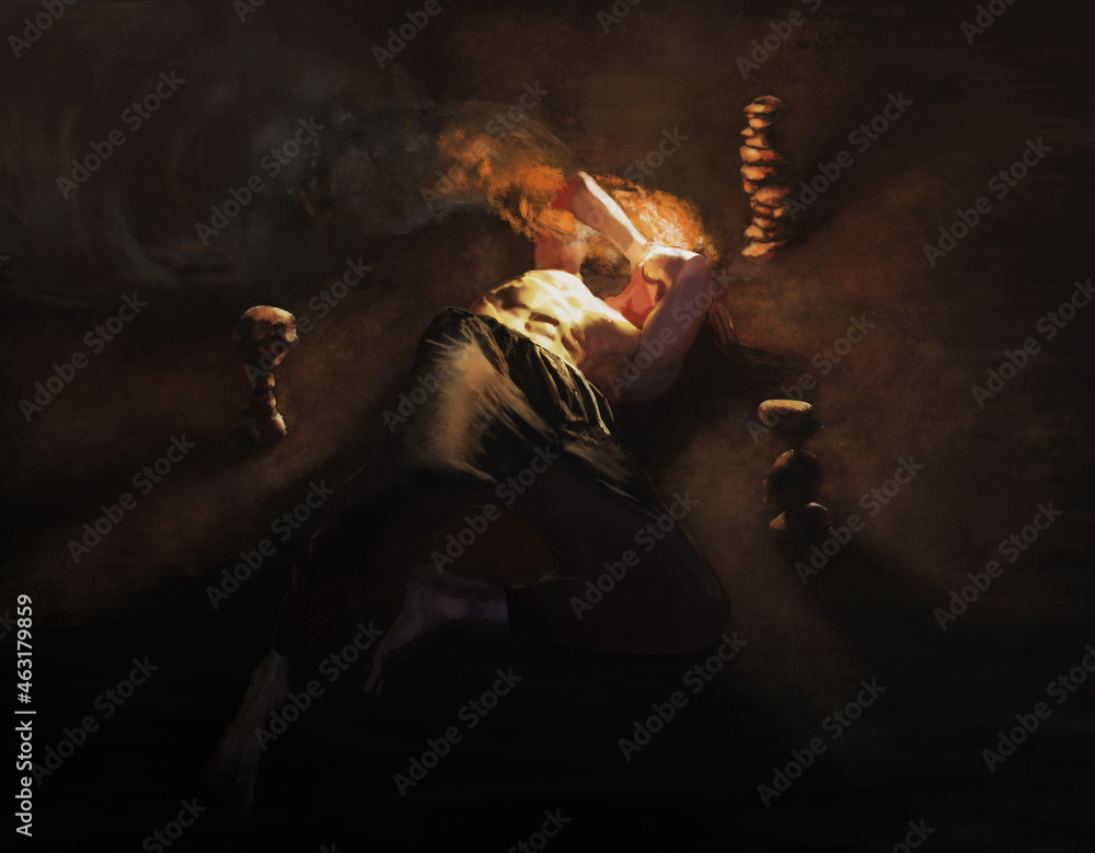 surreal concept of a man on fire, digital illustration of a man with a ...
