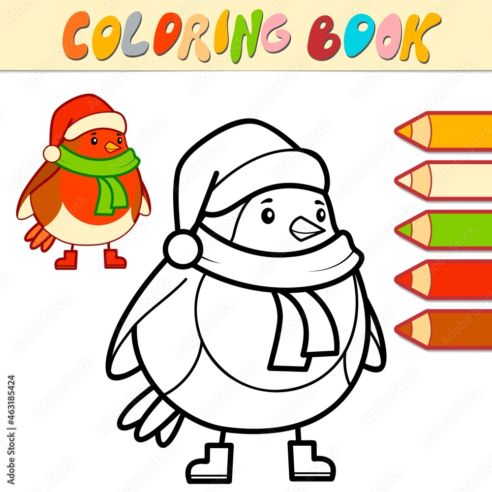 Coloring book or Coloring page for kids. Christmas Bird black and white ...