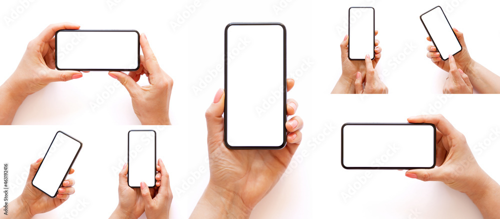 Set of photos of mobile phone in hand, isolated on white background ...