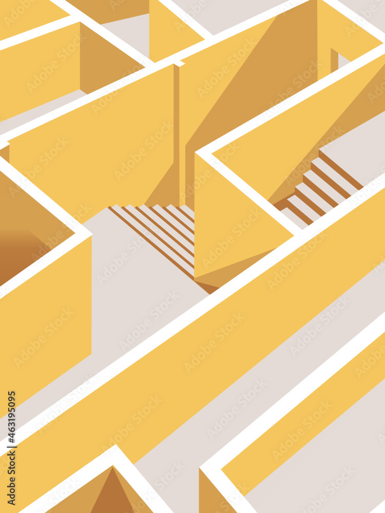 Indoors labyrinth, an elaborate, confusing structure with walls, stairs ...