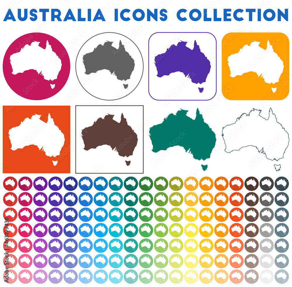 Australia icons collection. Bright colourful trendy map icons. Modern ...