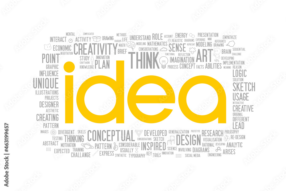 Idea word with words cloud typography. Words cloud contains vocabulary ...