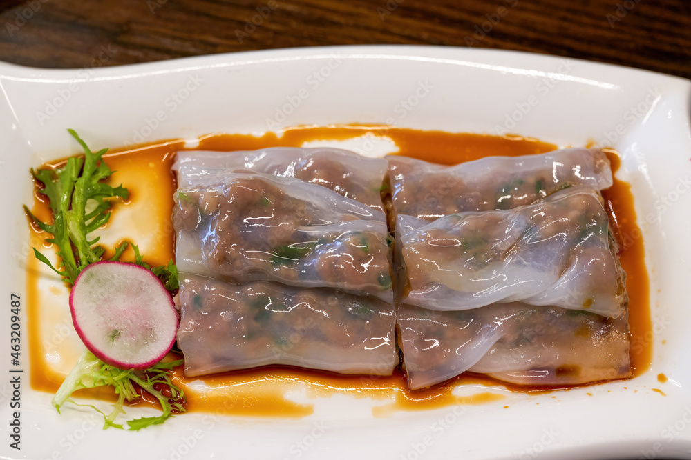 A plate of delicious Cantonese-style morning tea dim sum, steamed beef ...