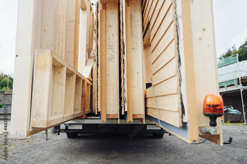 Sections of prefabricated timber walls on trailer for transport Stock ...