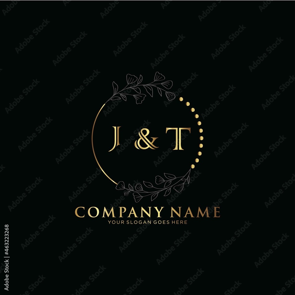 JT Beauty vector initial logo, Golden floral letters with flowers ...