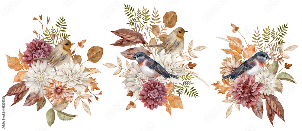 Watercolor fall birds with garden flowers - burgundy, white and ...