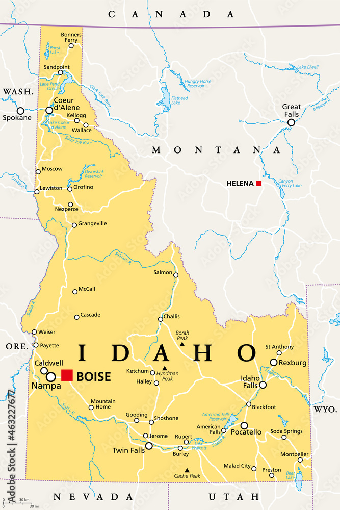 Idaho, ID, political map with the capital Boise, borders, important ...