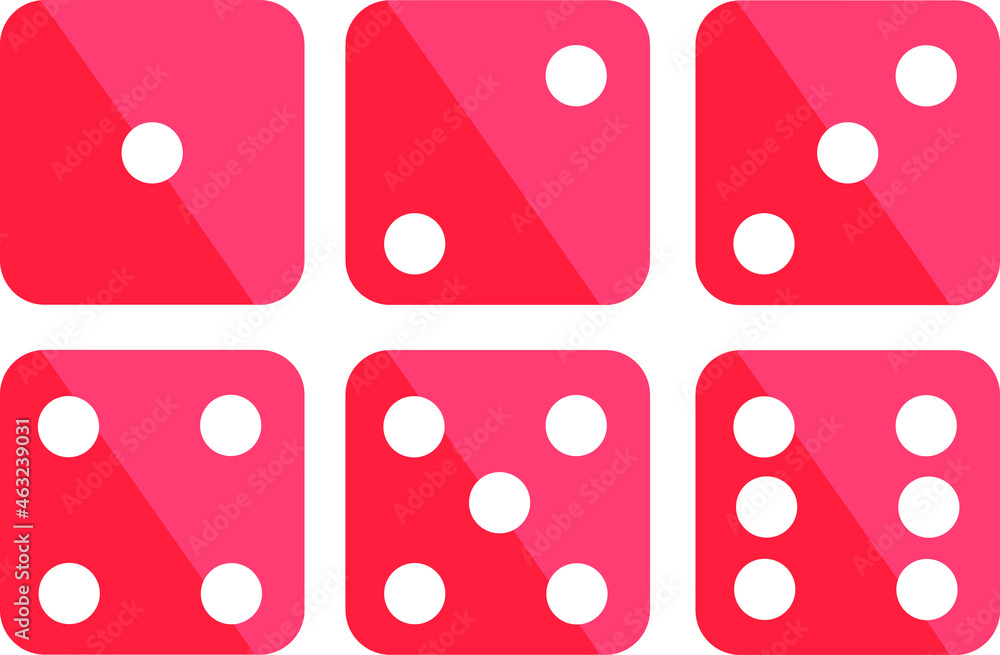 Dice icons set. red color die with six faces of cube marked with ...
