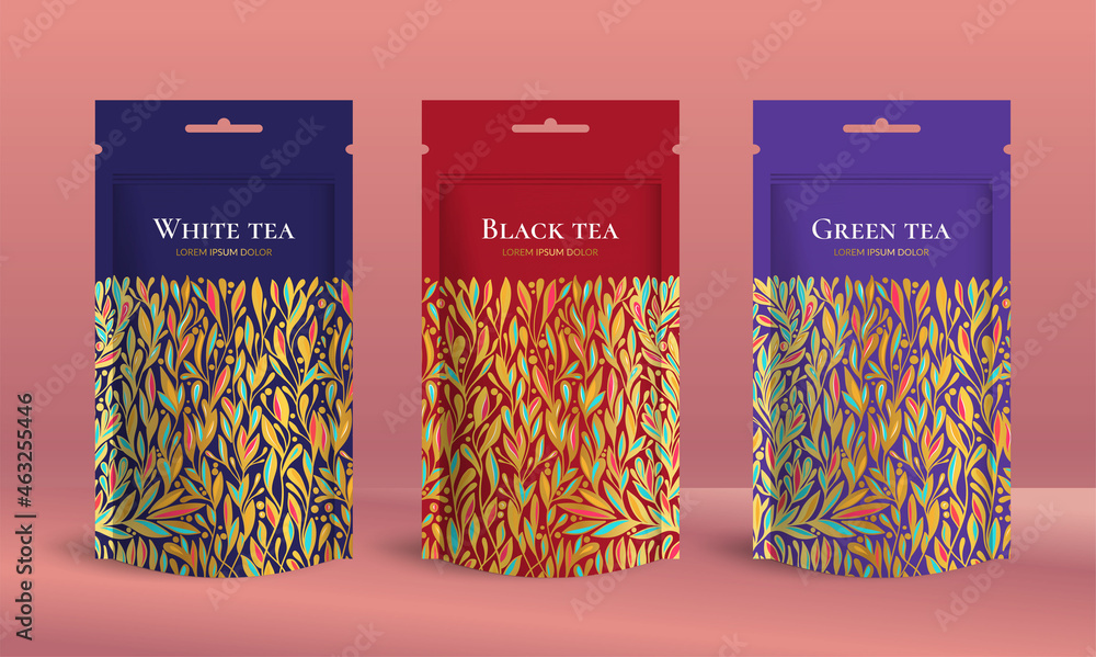 Colorful tea packaging design with zip pouch bag mockup. Vector ...