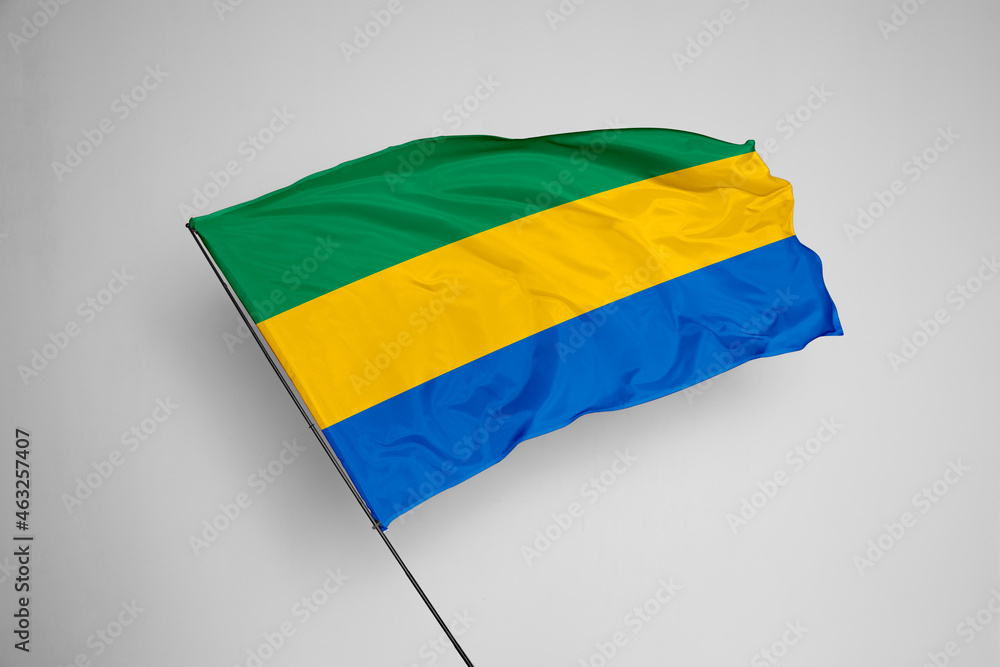 Gabon flag isolated on white background. close up waving flag of Gabon ...