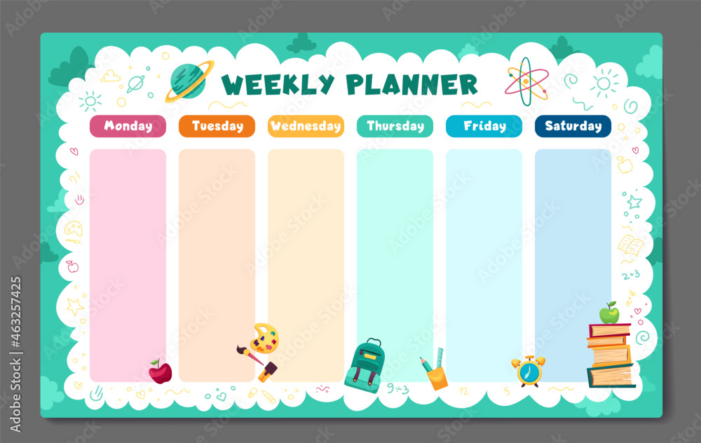 Weekly planner, back to school timetable template with school supplies ...