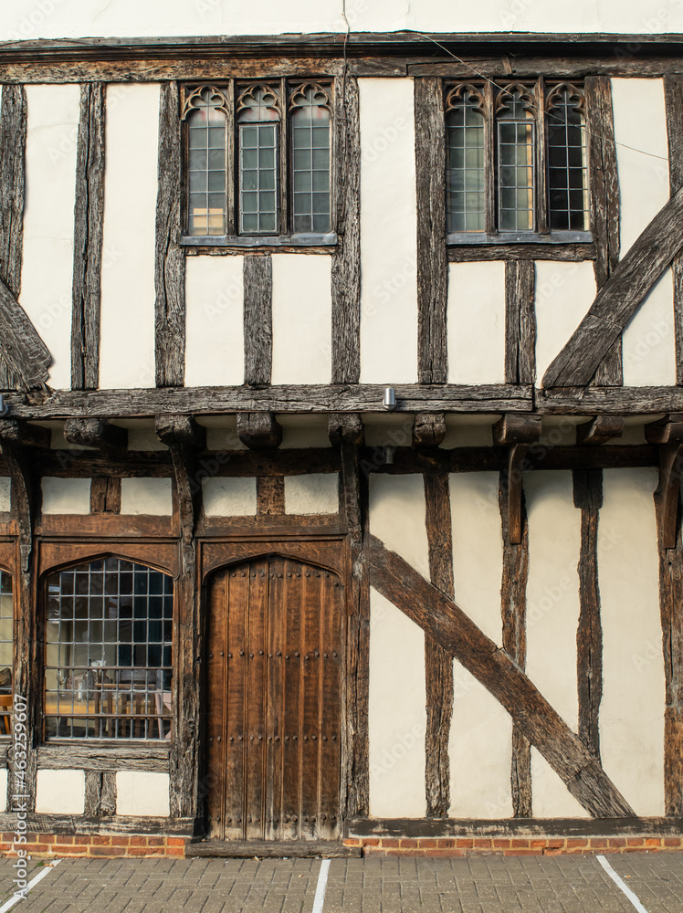 Medieval arched wooden gate at Tudor timber framed pub at Saffron ...
