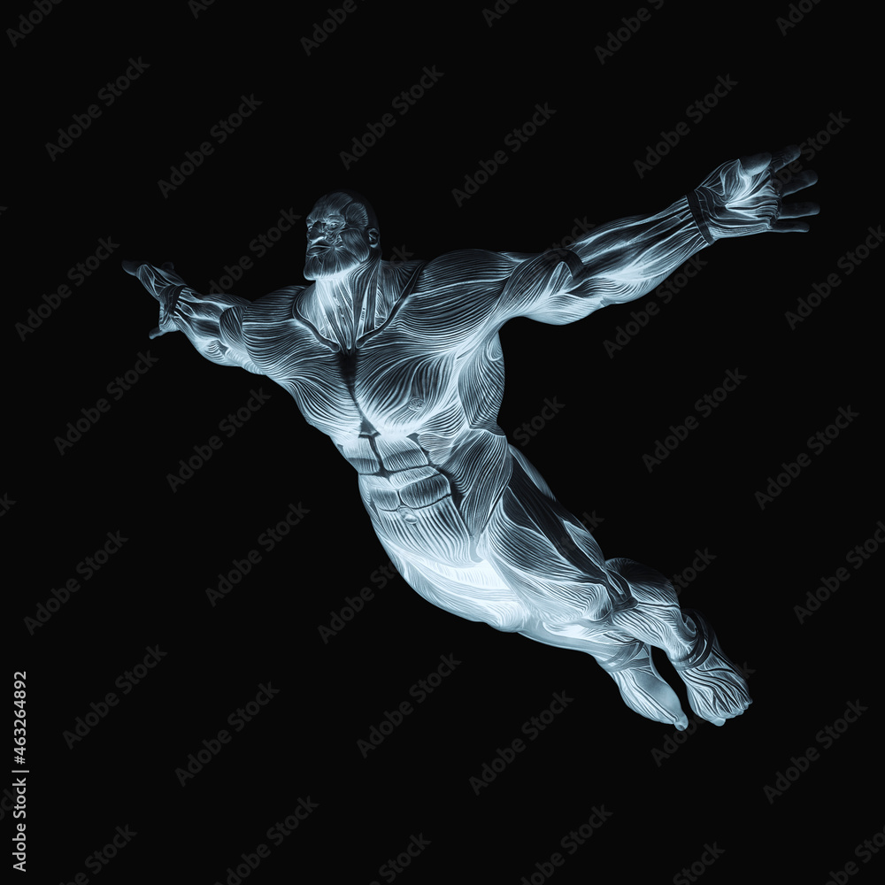 bodybuilder muscle maps is doing a free jump in white background Stock ...