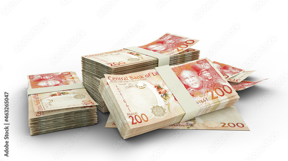 3D Stack of Lesotho Loti notes on white background Stock Illustration ...