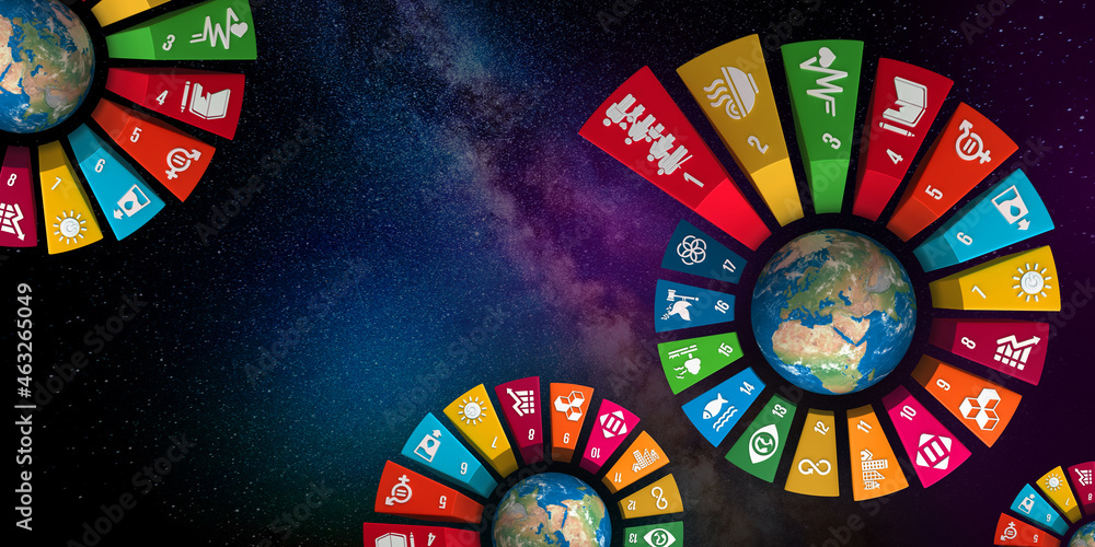 Colorful Sustainable Development Wheel over the earth on black ...
