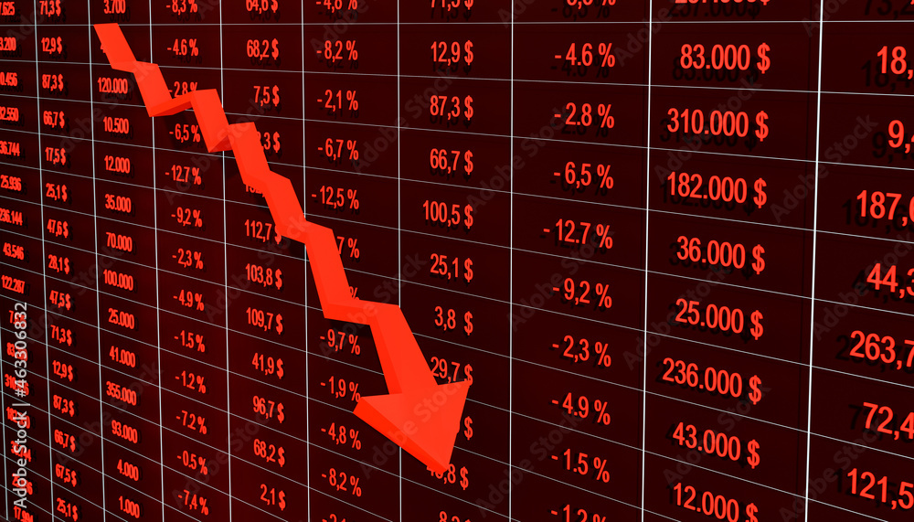 Business data sheet with numbers, prices and negative percentage ...