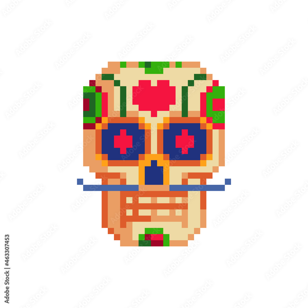 Sugar skull with heart and ornament. pixel art icon. Mexican ...