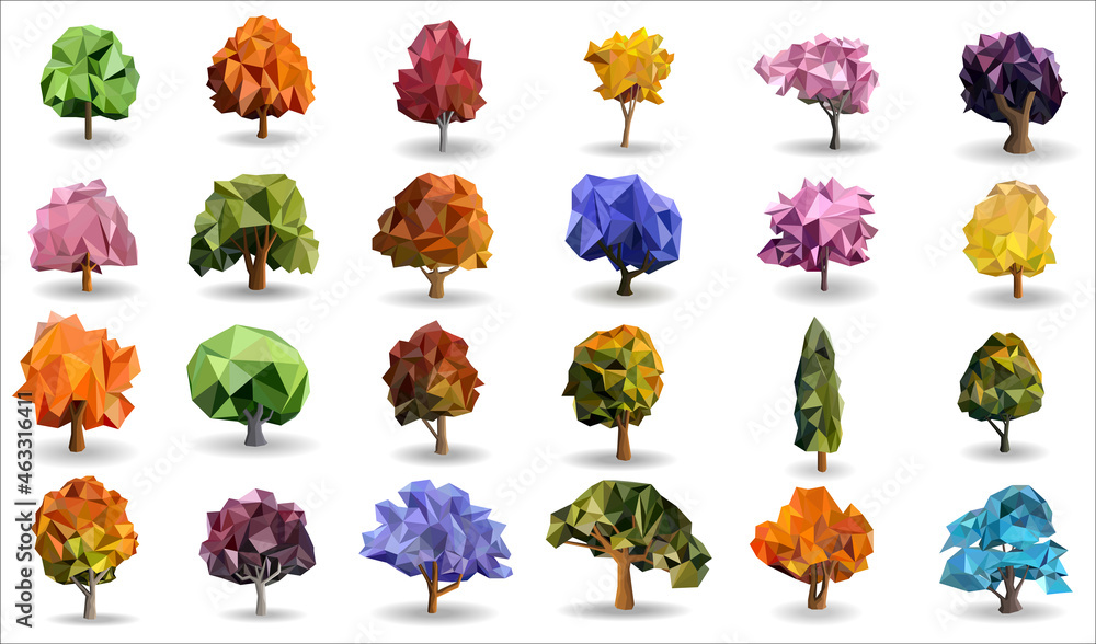Trees multicolor polygon vector icons set, low poly modelling ...
