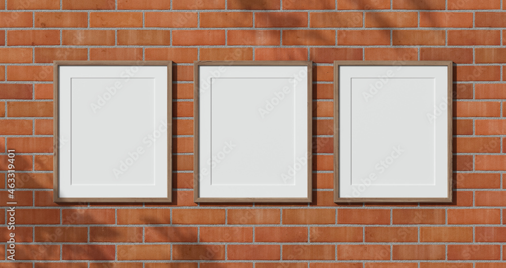 Three wooden frames on the red bricks wall. 3D render wooden frame mock up. Empty interior. 3D ...