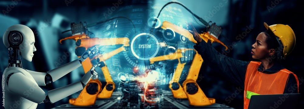 Mechanized industry robot and human worker working together in future ...