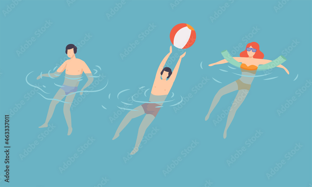 Man and Woman with Rubber Pool Noodle and Ball Floating in Blue Sea ...