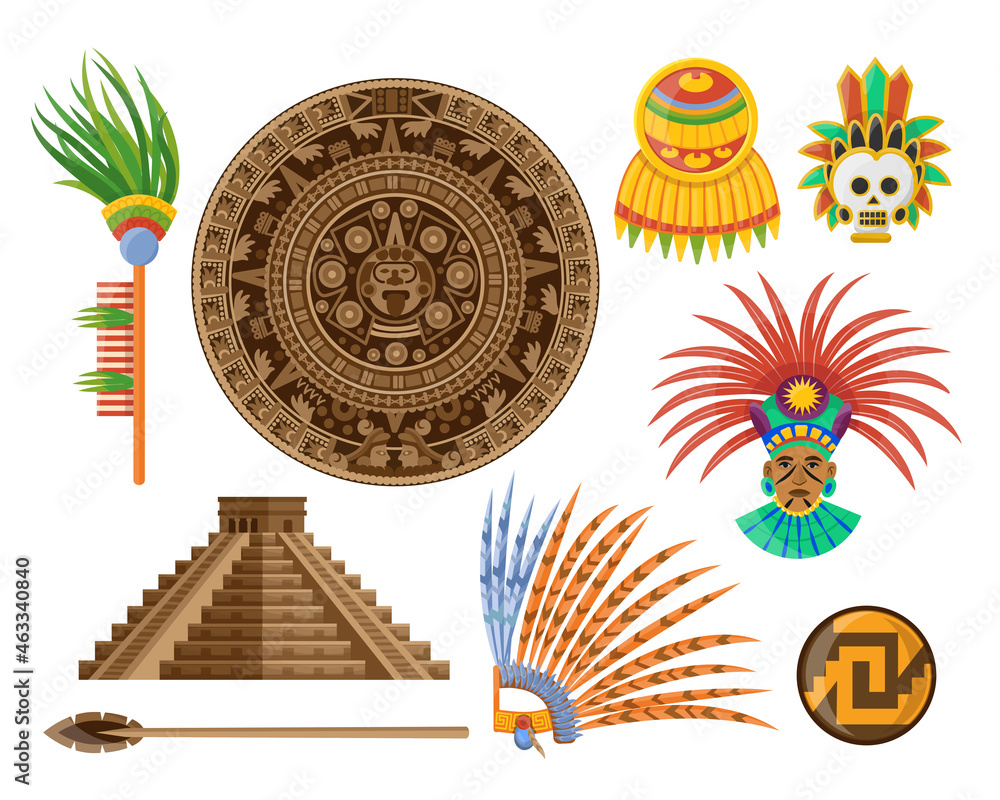Maya elements cartoon vector illustration set. Icons of ancient pyramid ...