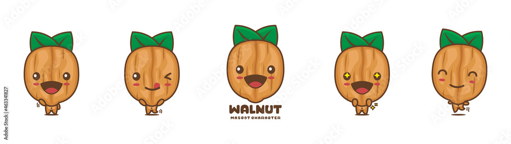 cute walnut cartoon mascot, bean vector illustration, with different ...