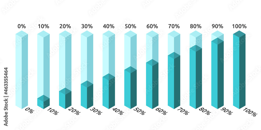 Isometric vertical progress bars, percentage indicators or charts set ...