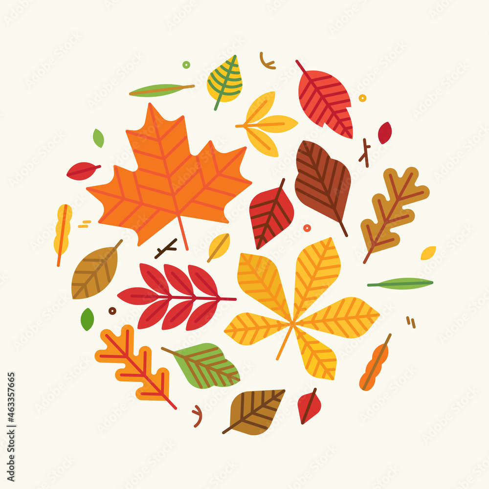 Flat vector circle composition of autumn leaves. Round fall themed ...