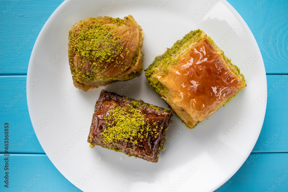 Traditional Turkish pastry dessert Baklava. Three different types of ...