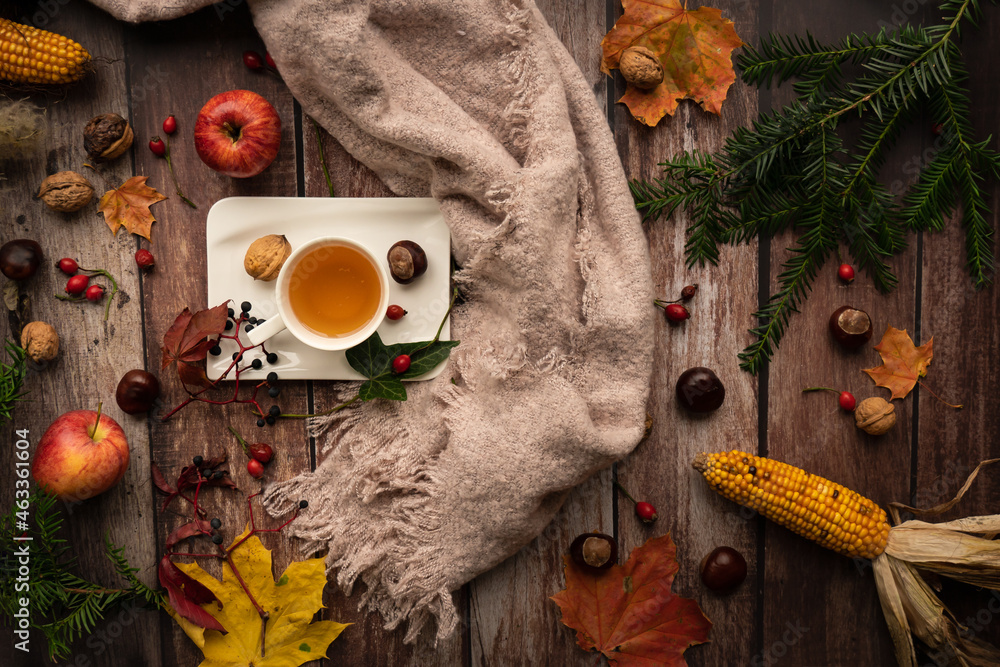autumn still life with warming tea, rose hips, fruits and leaves on an ...