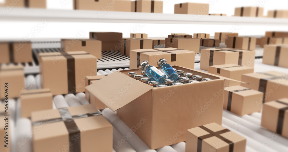 Covid19 Coronavirus vaccination bottles in package on conveyor belts ...
