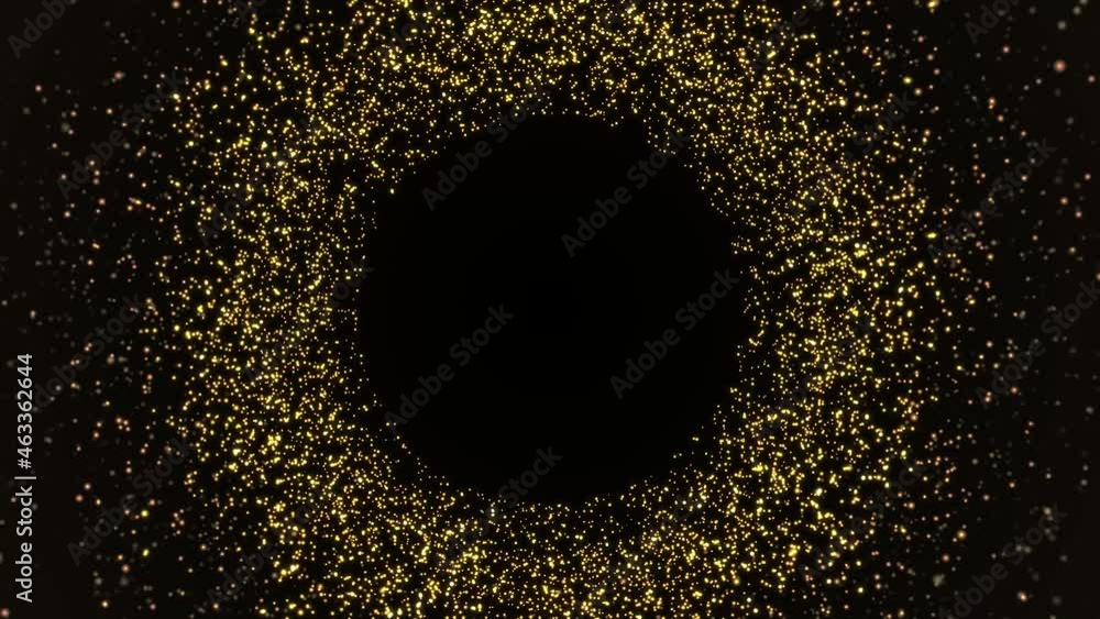 Circle tunnel of abstract glowing gold dust particles endless animation ...