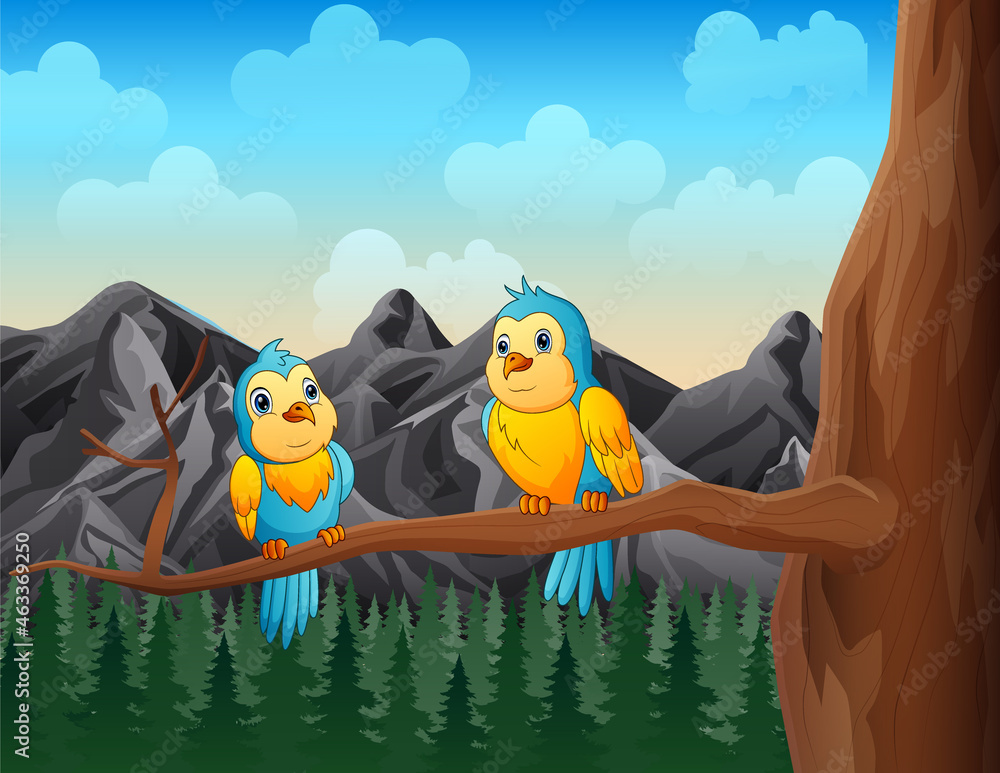 Cute two parrot birds sitting on a tree branch illustration Stock ...