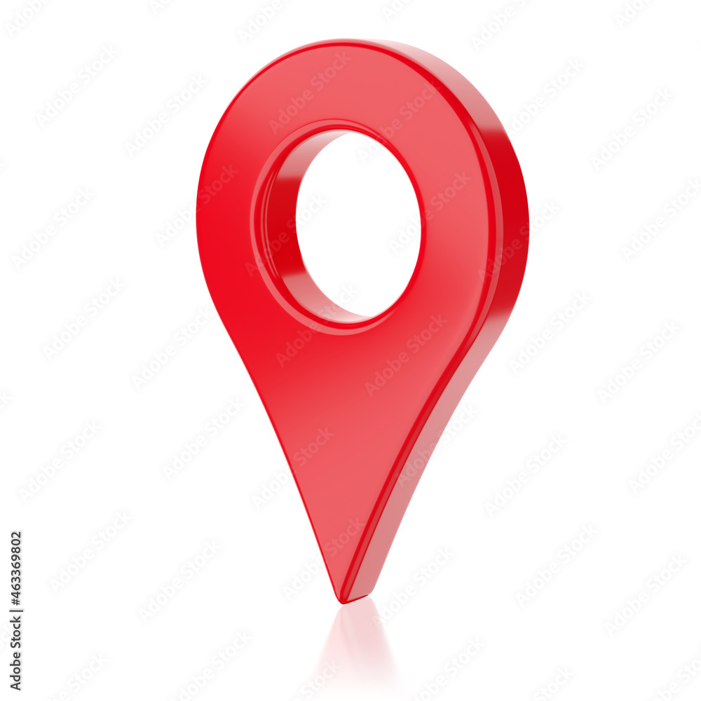 Red map geo tag isolated on white. 3d rendering. Stock Photo | Adobe Stock