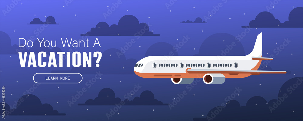 Flying airplane. Banner or flyer for travel and vacation design. Starry ...